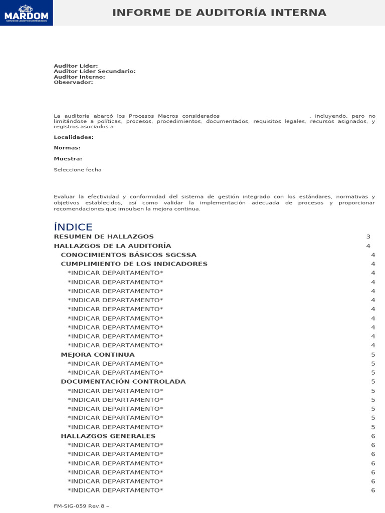 FM-SIG-059 Rev.8 (Informe de Auditoría Interna)1 | PDF | Auditoría ...