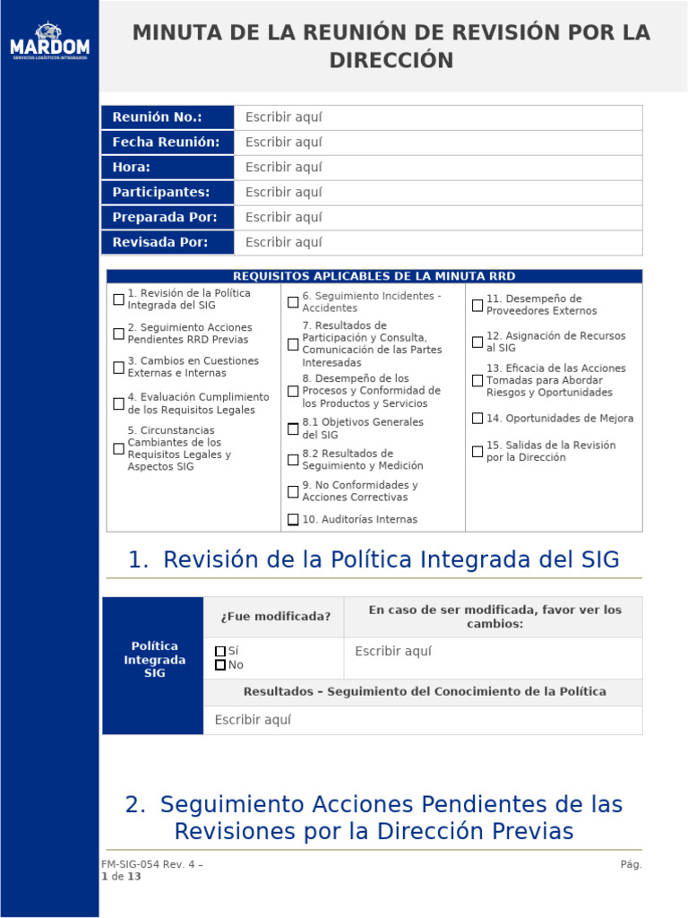 FM-SIG-054 Rev.4 (Minuta de Reunión Revisión Por La Dirección) | PDF
