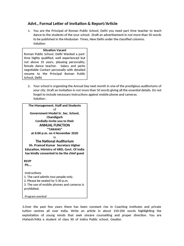 Advt Article Report Formal Invitation | PDF