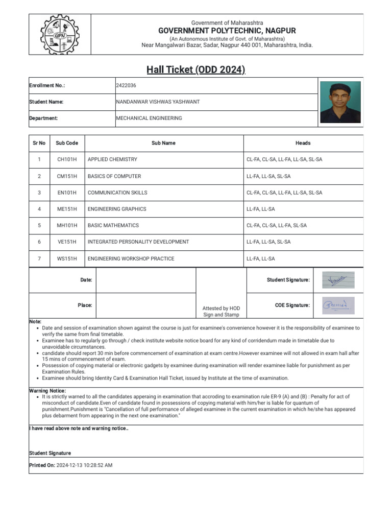 Hall Ticket 2024 | PDF