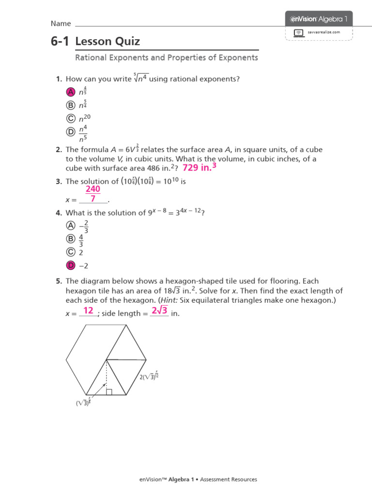 Lesson (6-1) Rational Exponents and Properties of Exponents Pages (217 ...