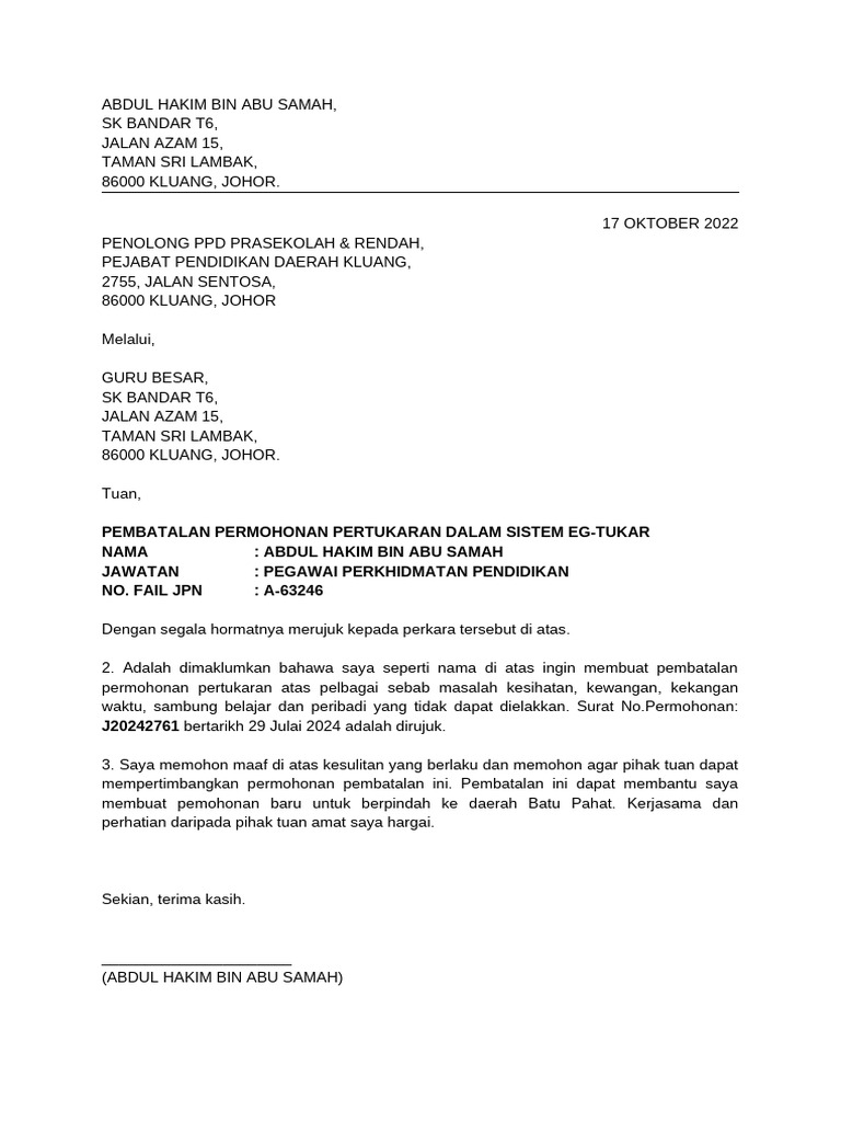 Surat Batal Egtukar | PDF