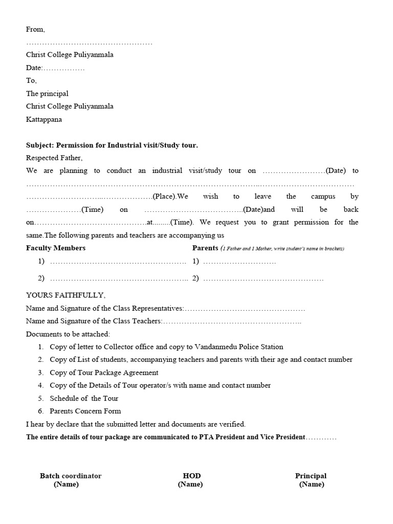 Tour or Industrial Visit Letter Format | PDF