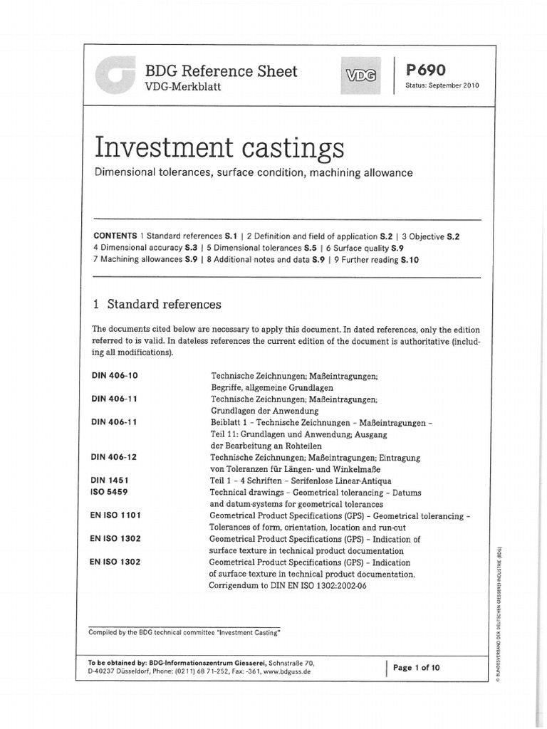 Investment Casting Tolerances - VDG P690 2010 | PDF