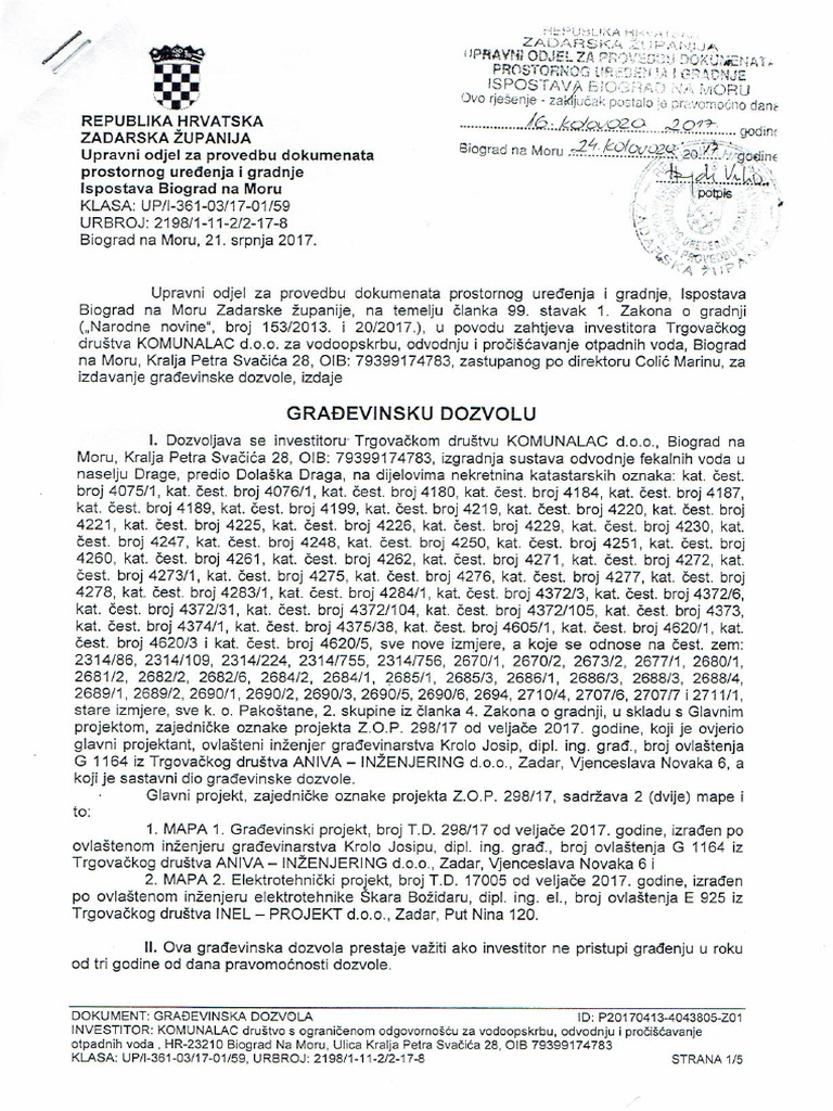 Građevinska Dozvola, Klasa UPI-361-0317-0159 | PDF