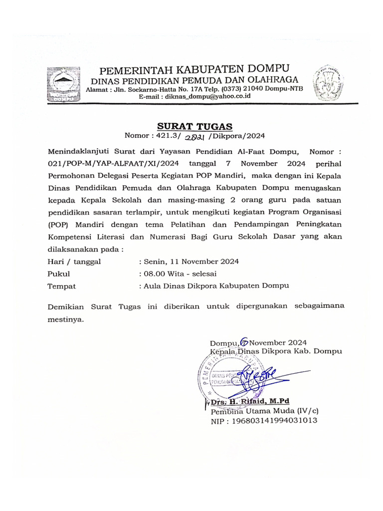 Surat Tugas Satuan Pendidikan Peserta Kegiatan POP Mandiri 2024-2025 | PDF