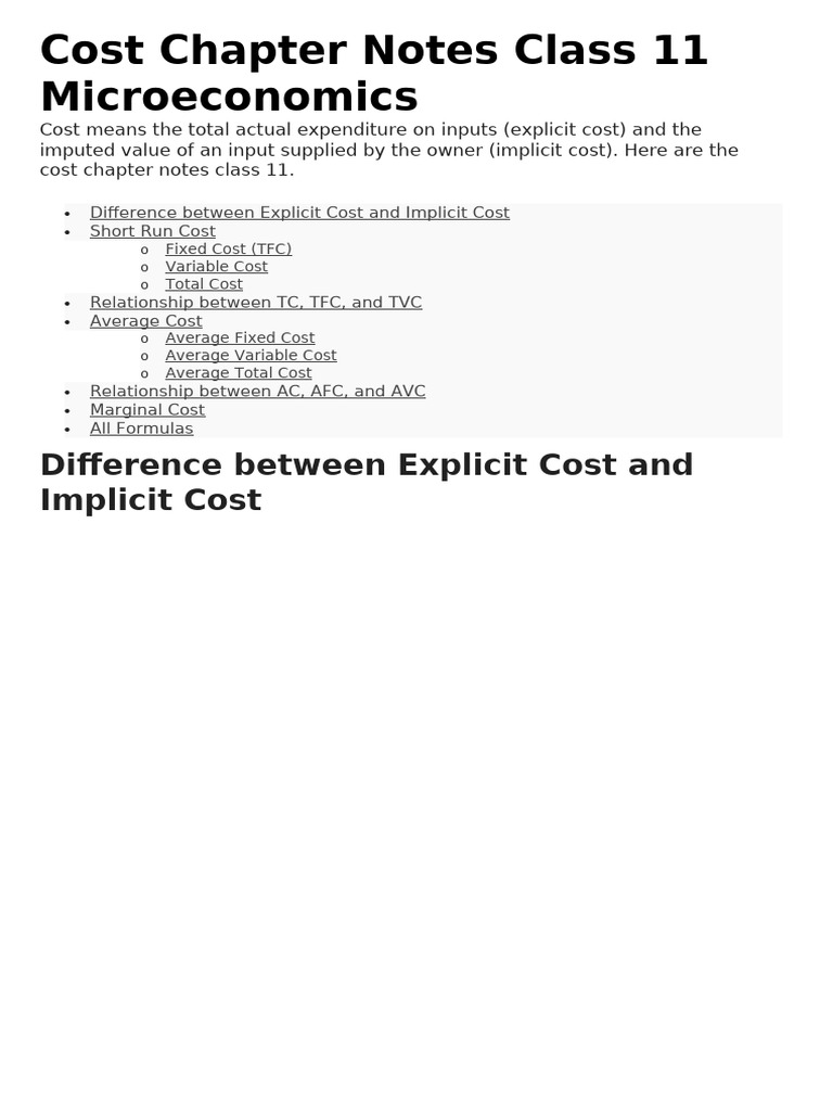 Cost Chapter Notes Class 11 Microeconomics | PDF | Average Cost ...