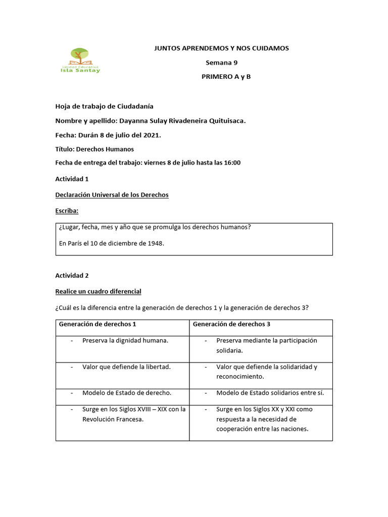 1ro. Ciudadanìa Hoja de Trabajo-Semana 9 | PDF