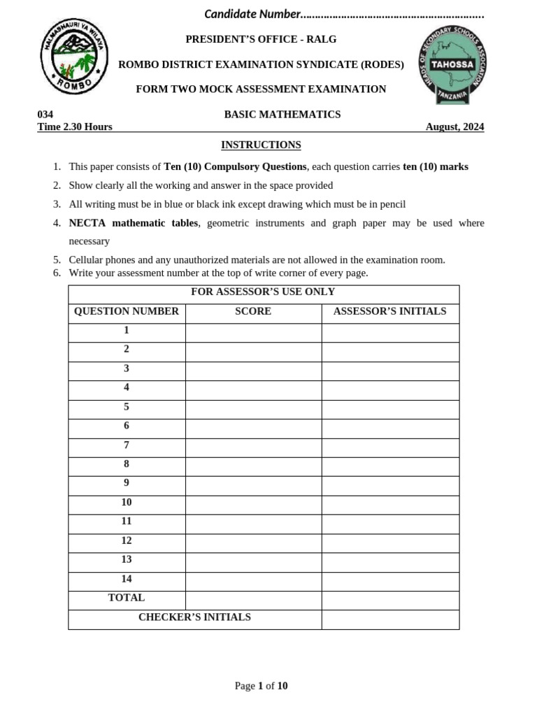 Basic Mathematics F2 Question Paper Mock - 2024 | PDF | Euclidean ...