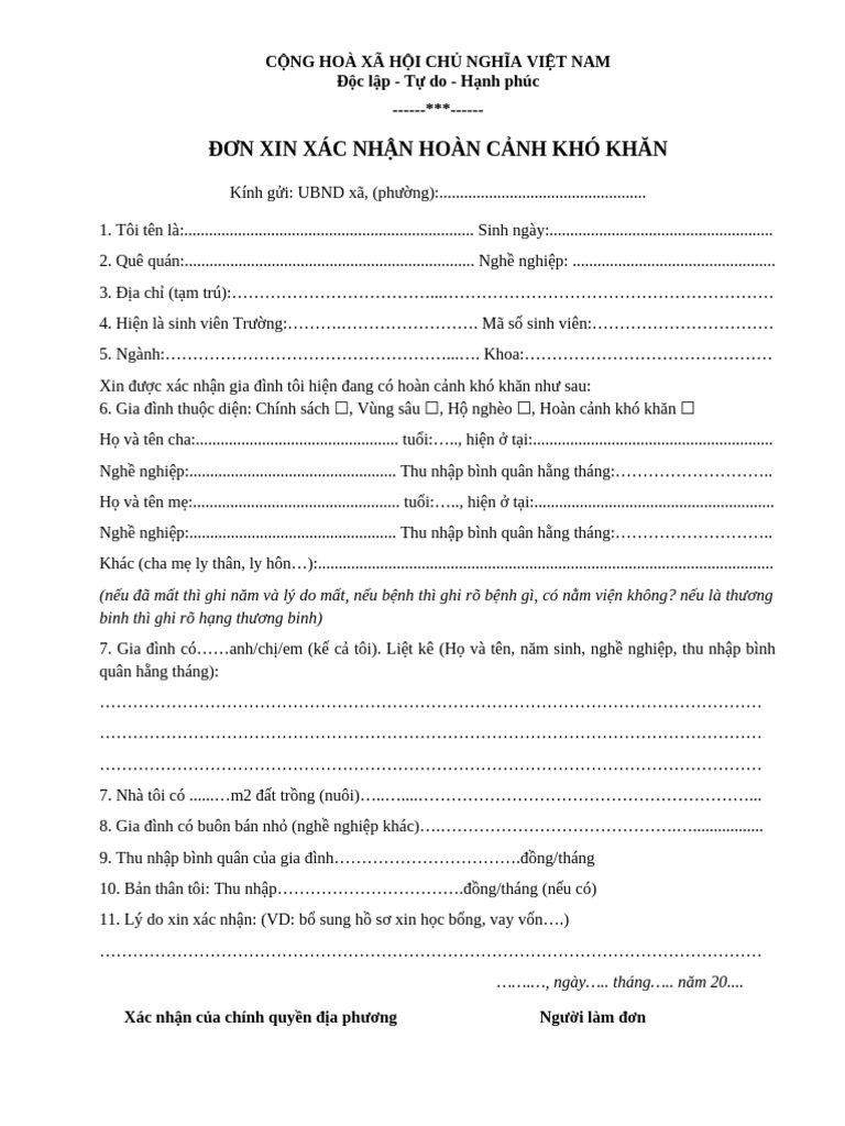Mau Don Xin Xac Nhan Gia Dinh Kho Khan | PDF