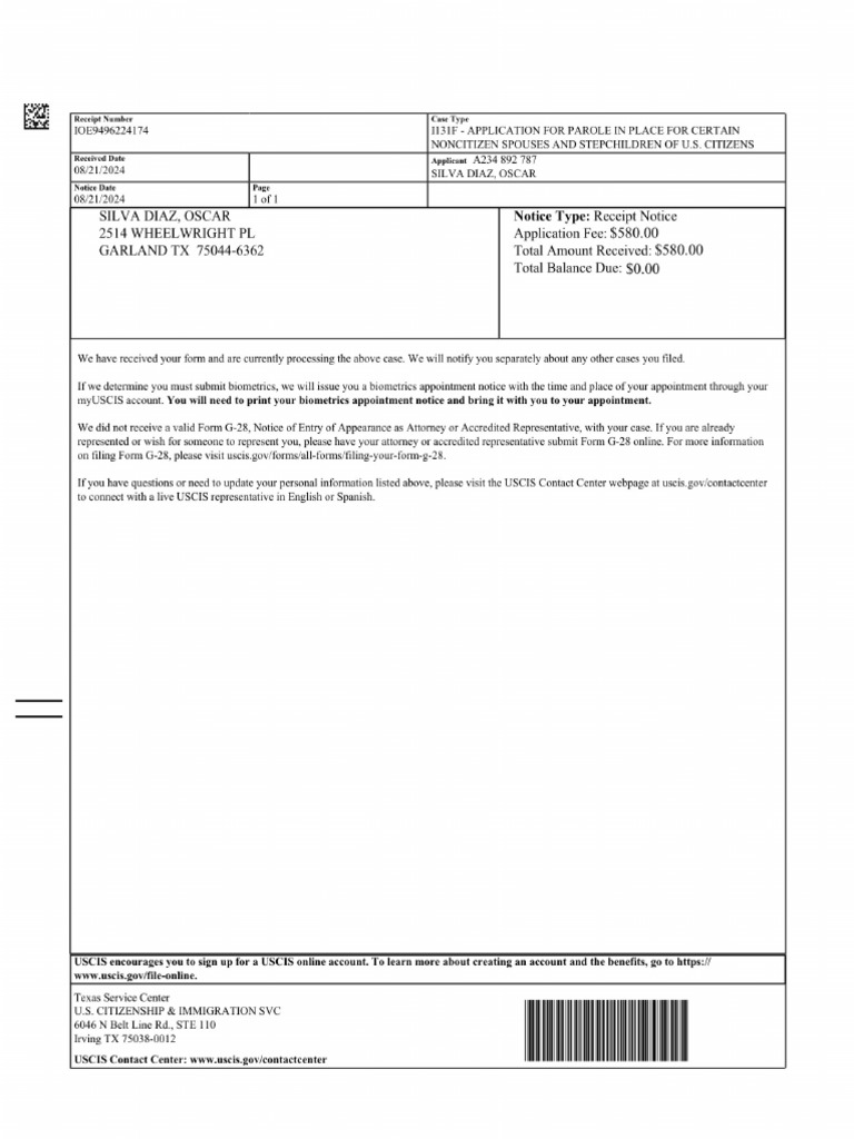 Parole in Place Receipt | PDF