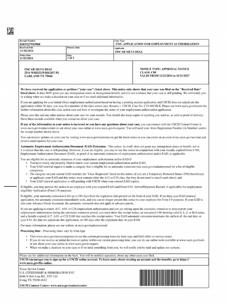 Uscis - Enployment Authorization Approval Notice | PDF