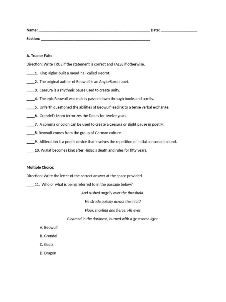 Summative Exam (Beowulf) | PDF | Beowulf | Germanic Heroic Legends