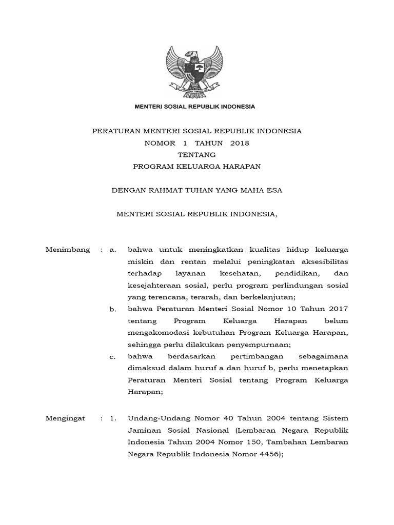 Permensos No 1 Tahun 2018 Tentang PKH | PDF