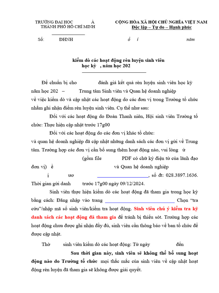 Thong Bao Kiem Do Cac Hoat Dong Ren Luyen Sv Hk1 Nh 2024 2025 PDF 0512202415945CH | PDF