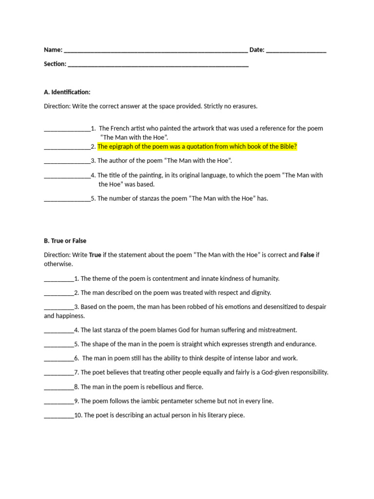 Summative Exam - The Man With The Hoe | PDF | Poetry
