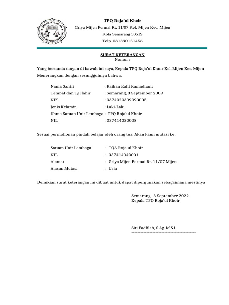 Surat Mutasi TPQ | PDF