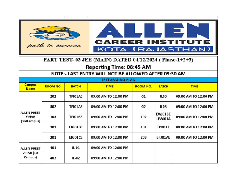 TEST SEATING PLAN On 4th DEC (JEE) | PDF