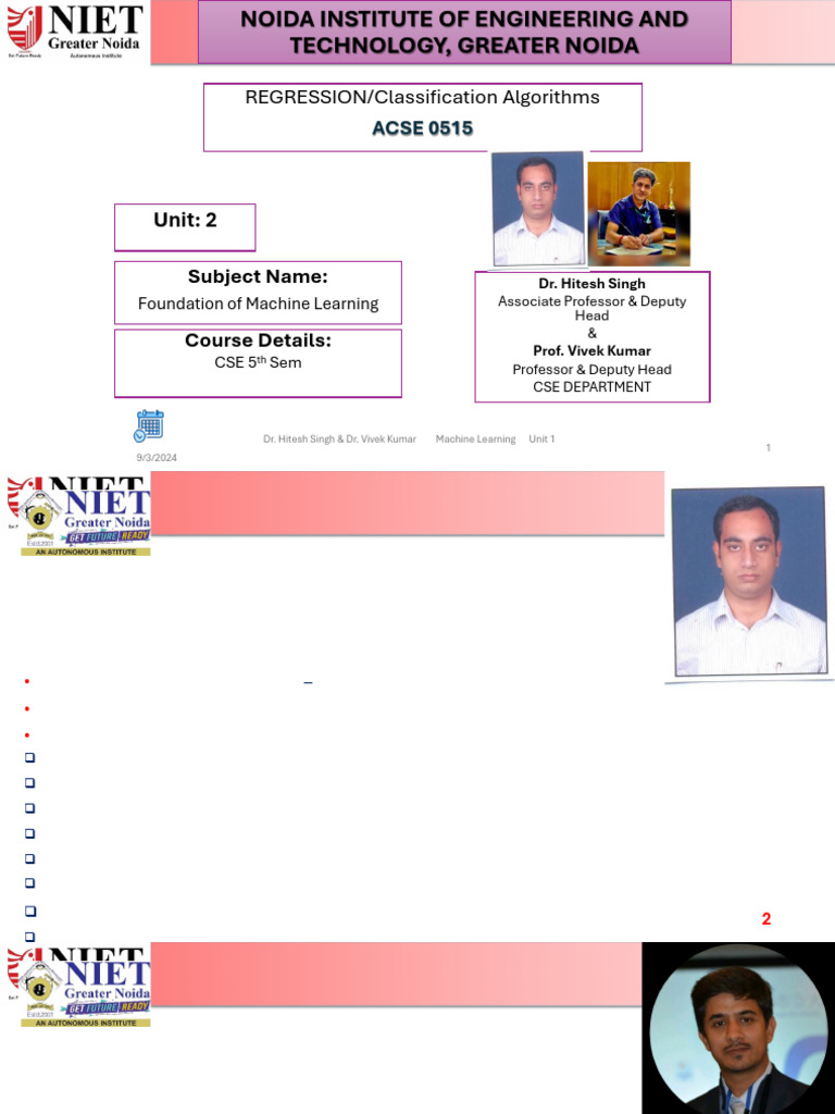 ML Unit 2 CSE | PDF | Linear Regression | Machine Learning ML Unit 2 CSE | PDF | Linear Regression | Machine Learning