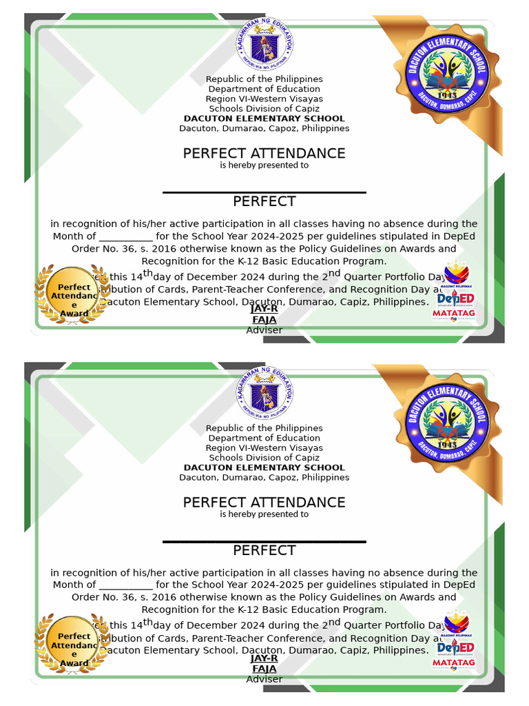 Perfect Attendance Award Certificate | PDF | Government Institutions ...