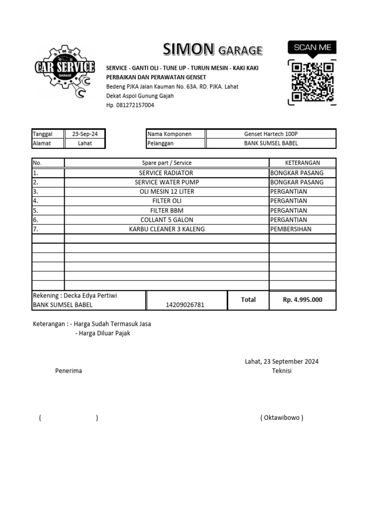 Nota Genset Bank Sumsel Baru | PDF