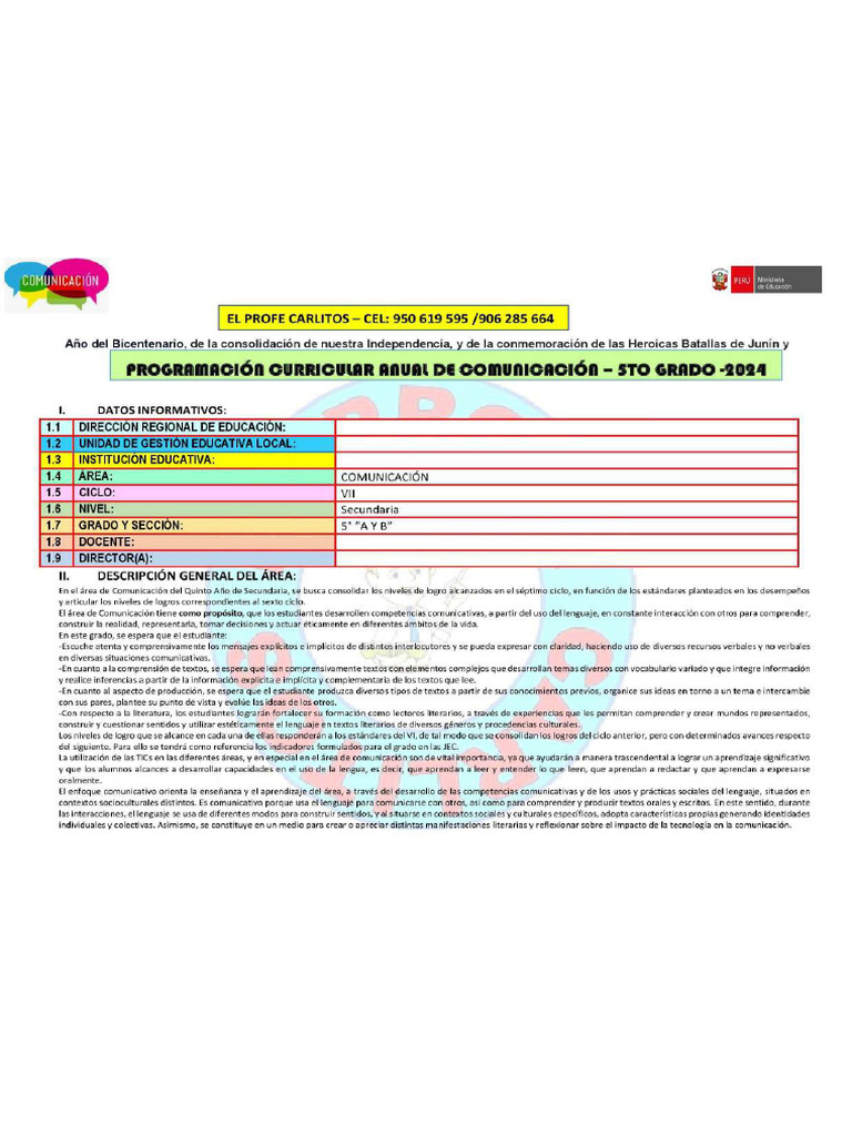 Programaciones Anuales 2024 - Comunicacion - 5to Grado | PDF