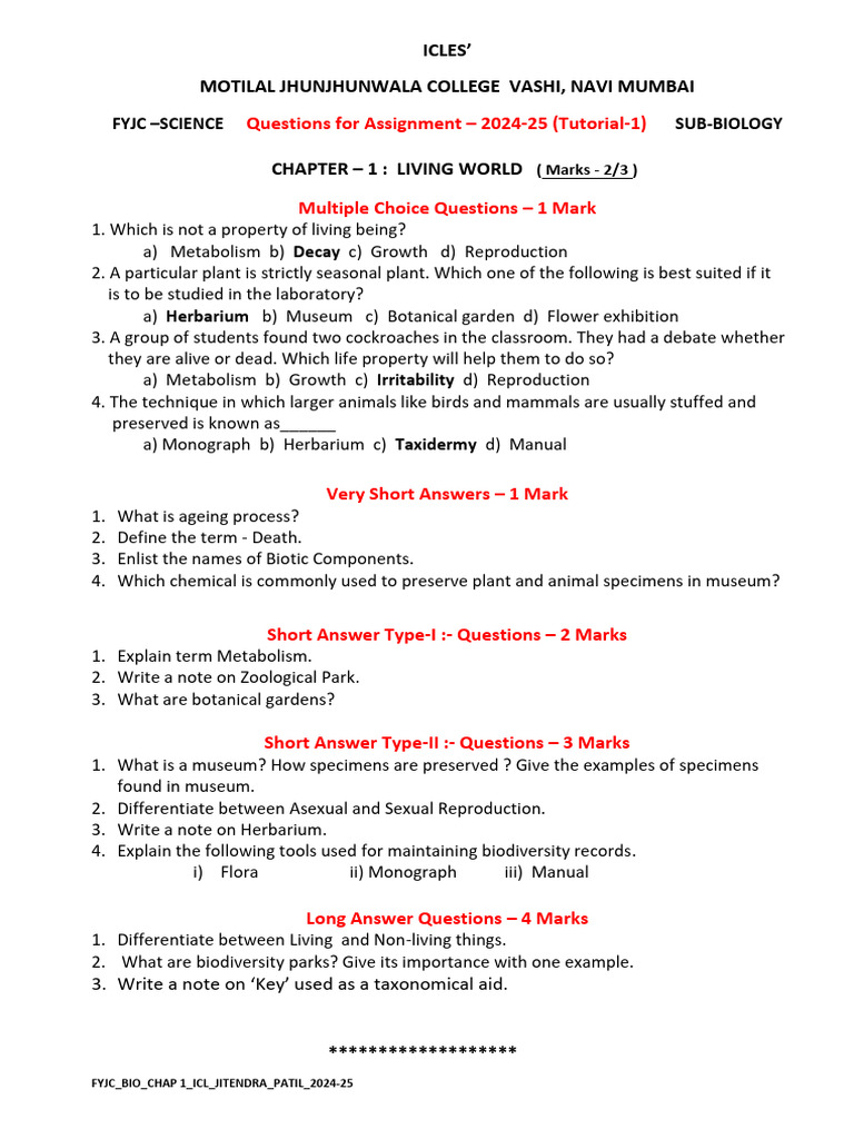 FYJC Biology Assignment Questions 2024-25 | PDF