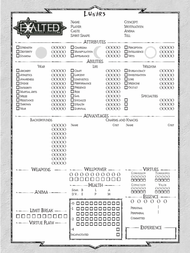 Lunar Character Sheet Template | PDF