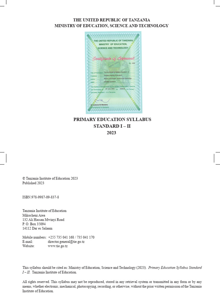 Primary Education Syllabus Std I-II 2023 | PDF | Teachers | Learning