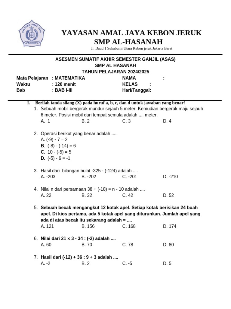 SOAL ASAS MATEMATIKA KELAS 7 (2425.1) | PDF