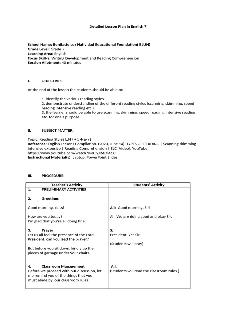 Lesson Plan: Reading Styles for Grade 7 | PDF | Speed Reading | Reading Comprehension