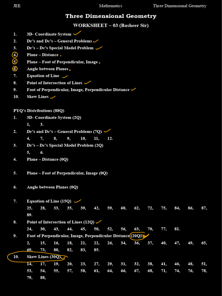 Three Dimensional Geometry WS-3.O | PDF | Line (Geometry) | Perpendicular