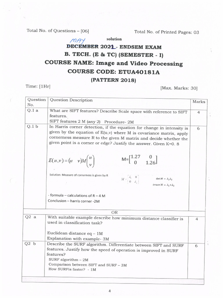 Image and Video Processing Sem II Pattern 2018 EndSem May 2022 Solution | PDF