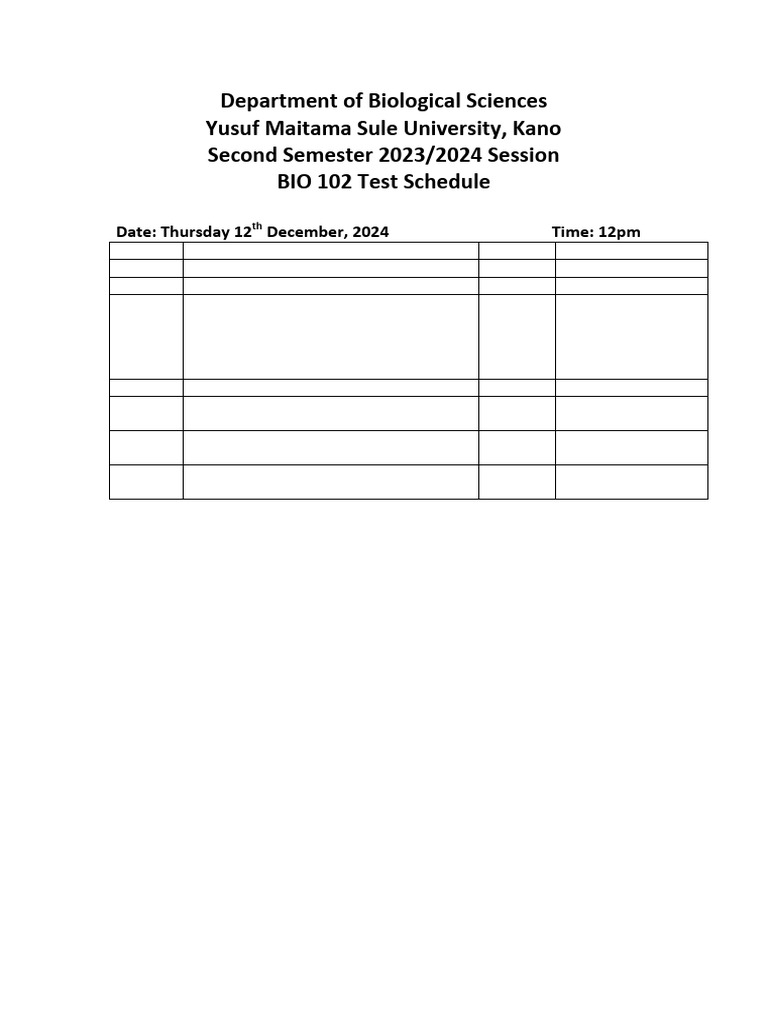 BIO 102 Test Schedule | PDF