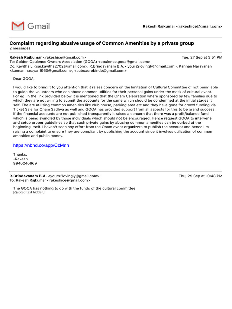 Complaint Regarding Abusive Usage of Common Amenities by A Private ...