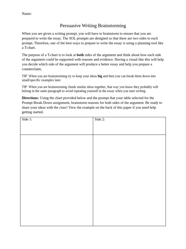 Persuasive Writing Brainstorming With T Chart Thesis and Counterclaim ...