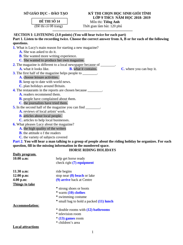 Đáp án đề thi HSG anh 9 có file nghe đáp án Script đề 14 | PDF