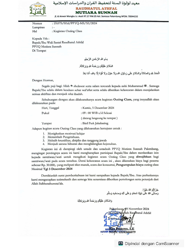 Surat Edaran Kegiatan Outing Class RA Mutiara Sunnah 20242025 | PDF