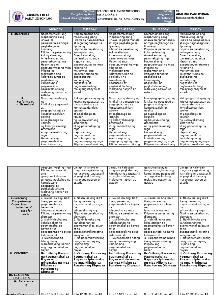 DLL - ARALING PANLIPUNAN 6 - Q2 - W8 v2 | PDF