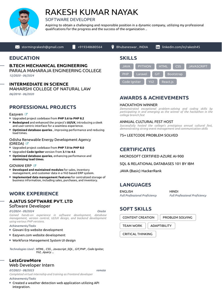 Rakesh Nayak Resume Latest (1) - 1 | PDF | Web Development | Php
