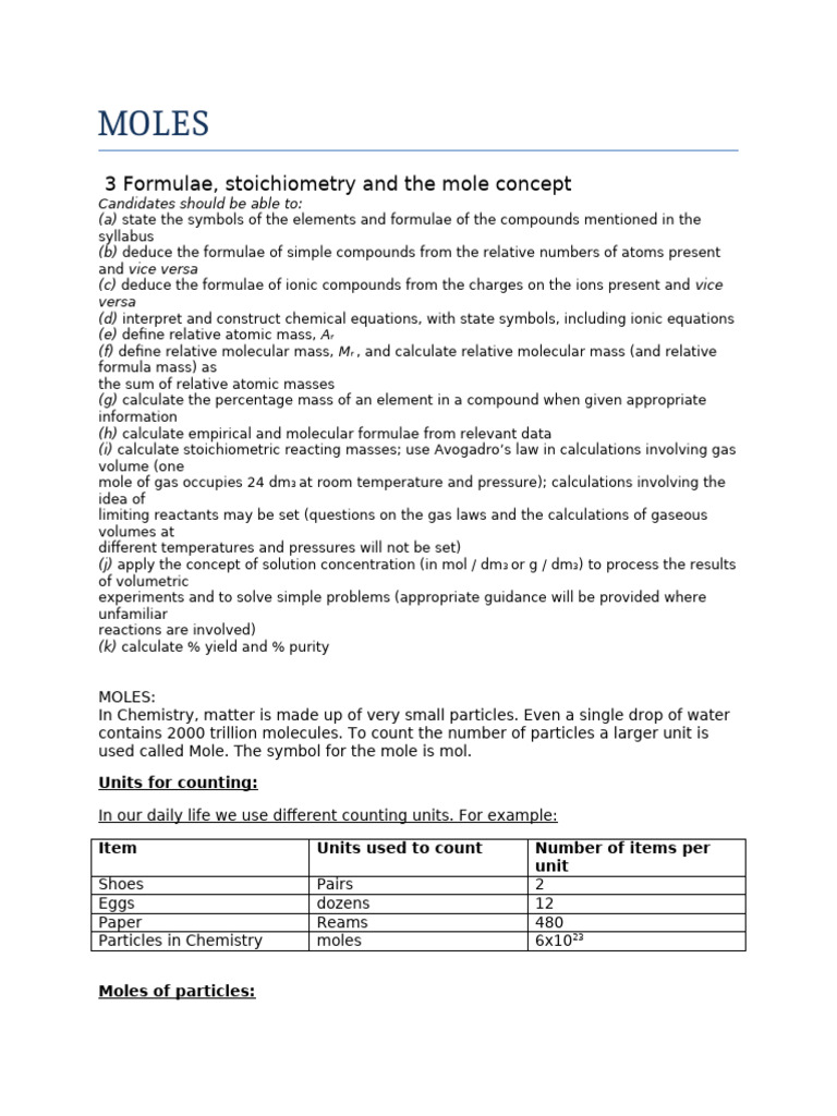 Moles | PDF | Mole (Unit) | Stoichiometry