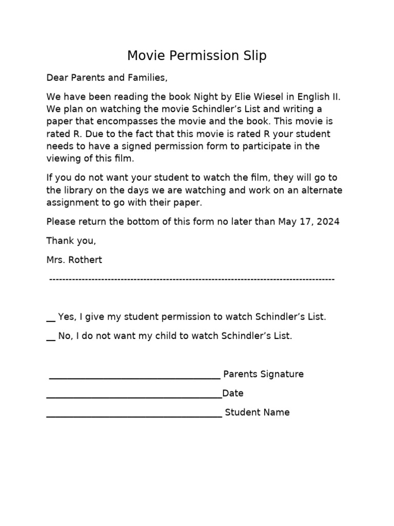 Movie Permission Slip | PDF
