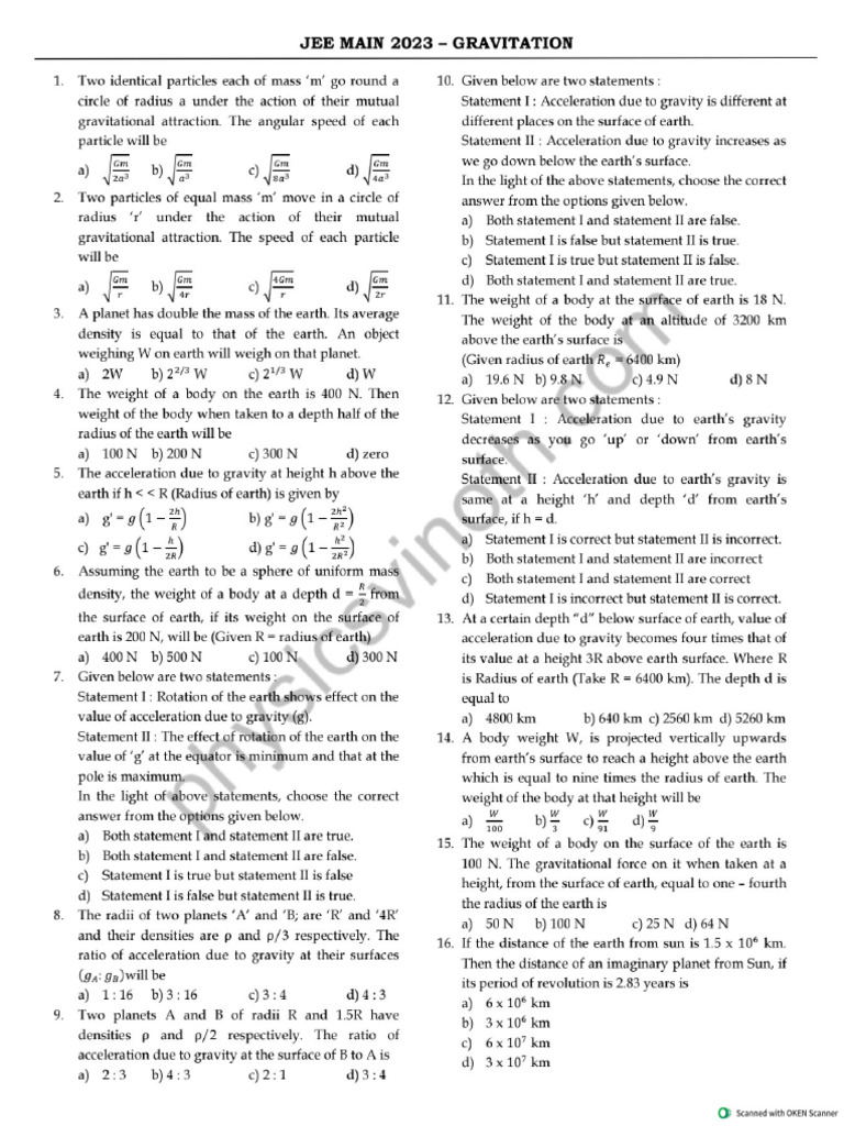 Gravitation JEE 2023 QP With Solutions - Watermark | PDF