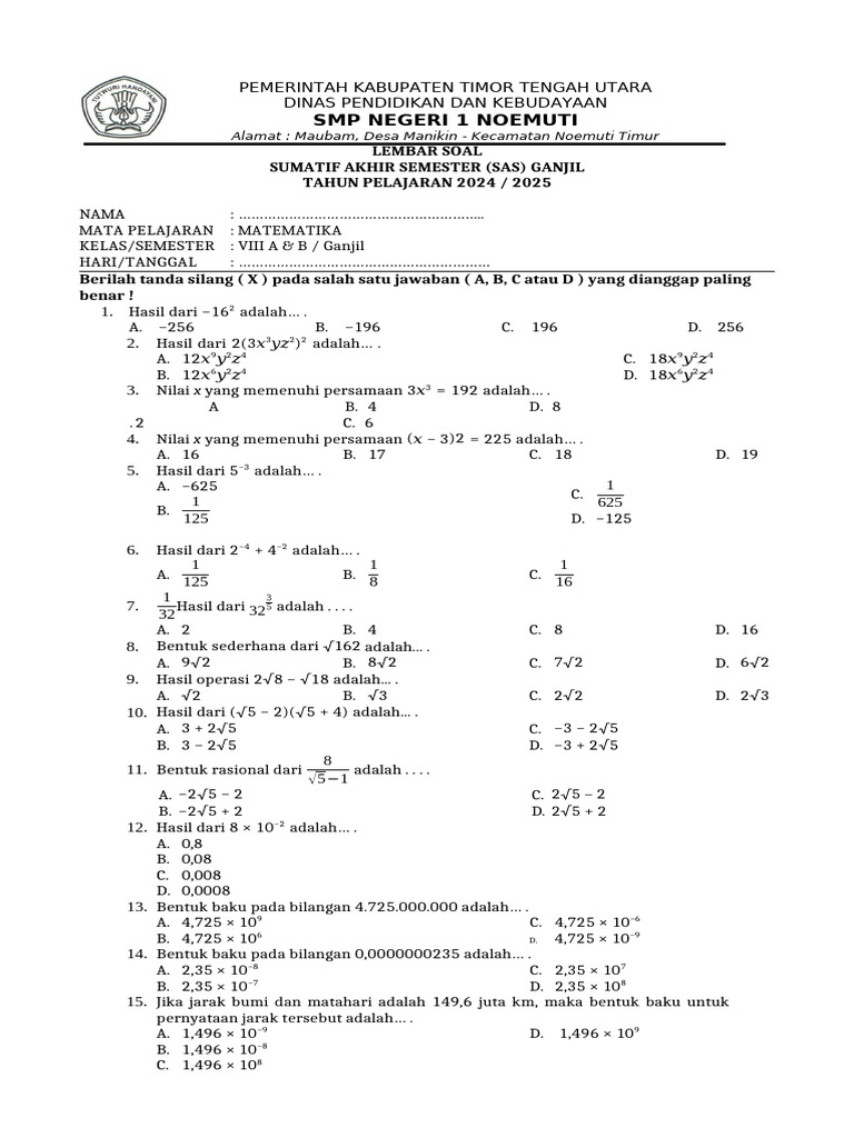 Soal Sas Matematika Kelas Viii | PDF