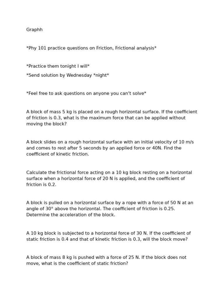 Phy 101 Assignment | PDF | Friction | Force