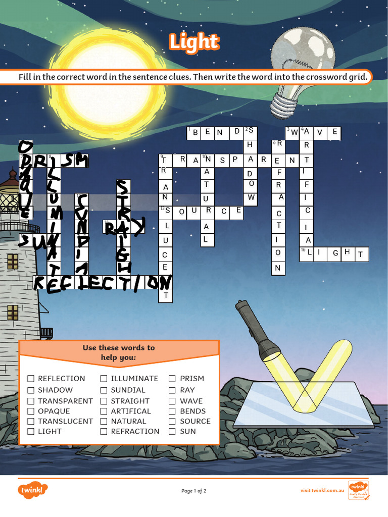 Crossword - SCIENCE - LIGHT IT UP PDF | PDF | Light | Shadow
