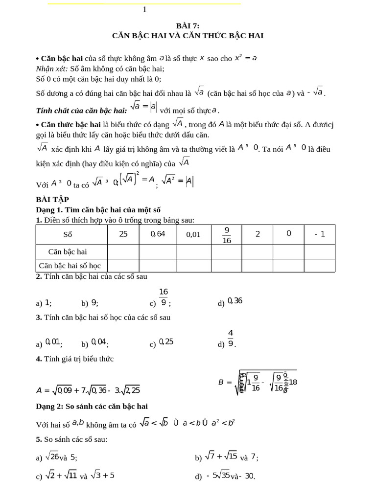 De bai B7 Can bac hai va can thuc bac hai | PDF