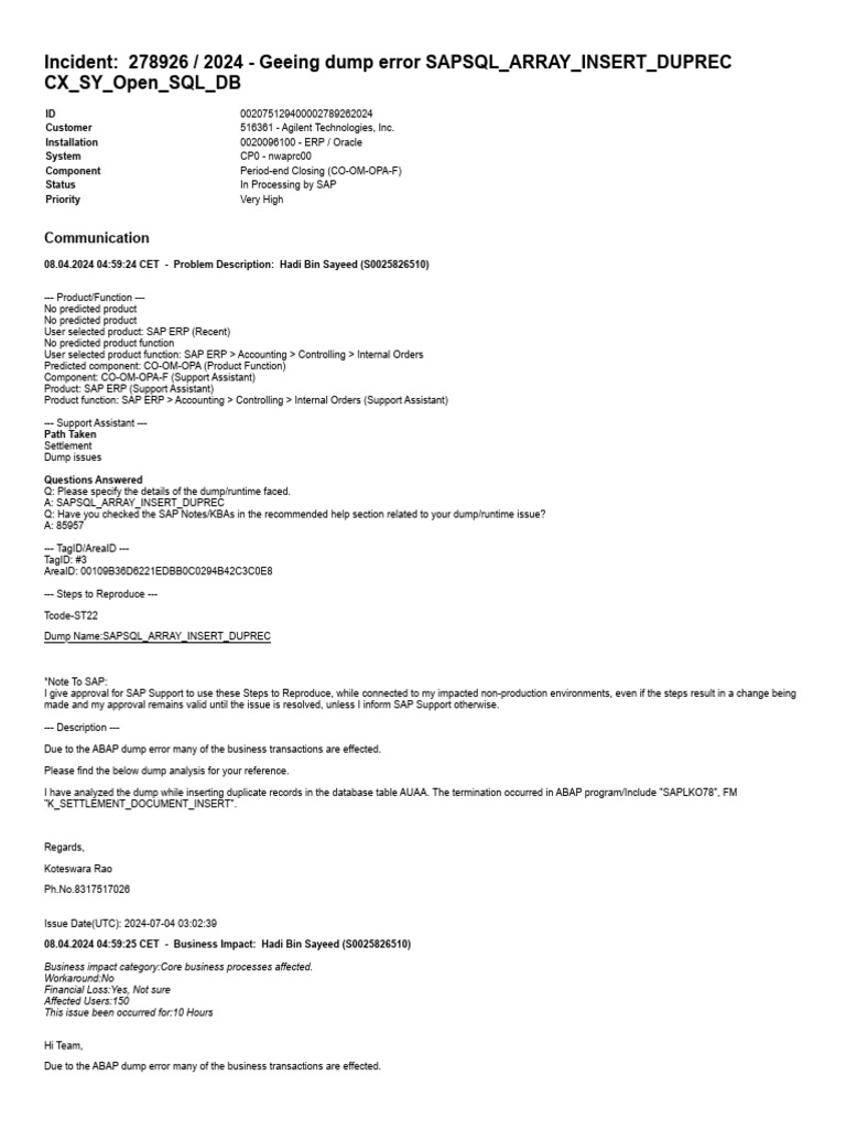 2024 - Geeing Dump Error SAPSQL - ARRAY - INSERT - DUPREC CX - SY ...