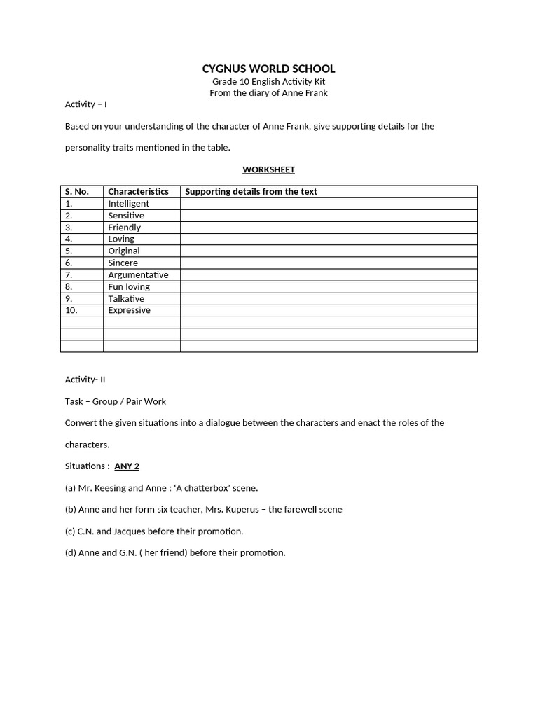 Grade 10 English: Anne Frank Activity Kit | PDF