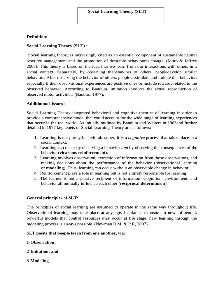 Social Learning Theory (SLT) | PDF | Learning | Learning Theory (Education)
